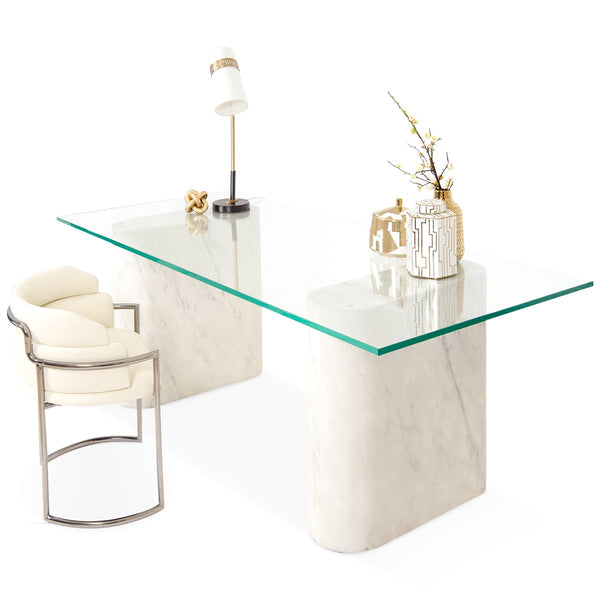 Pompeii Desk - Modern Marble Leg Desk with Clear Glass Top - ModShop